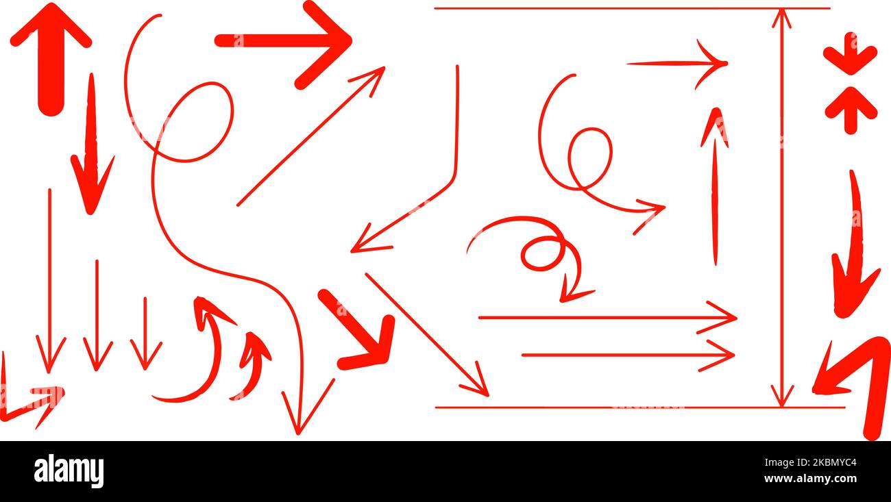 Mega set of different red hand-drawn arrows, ink, brush style, on white ...