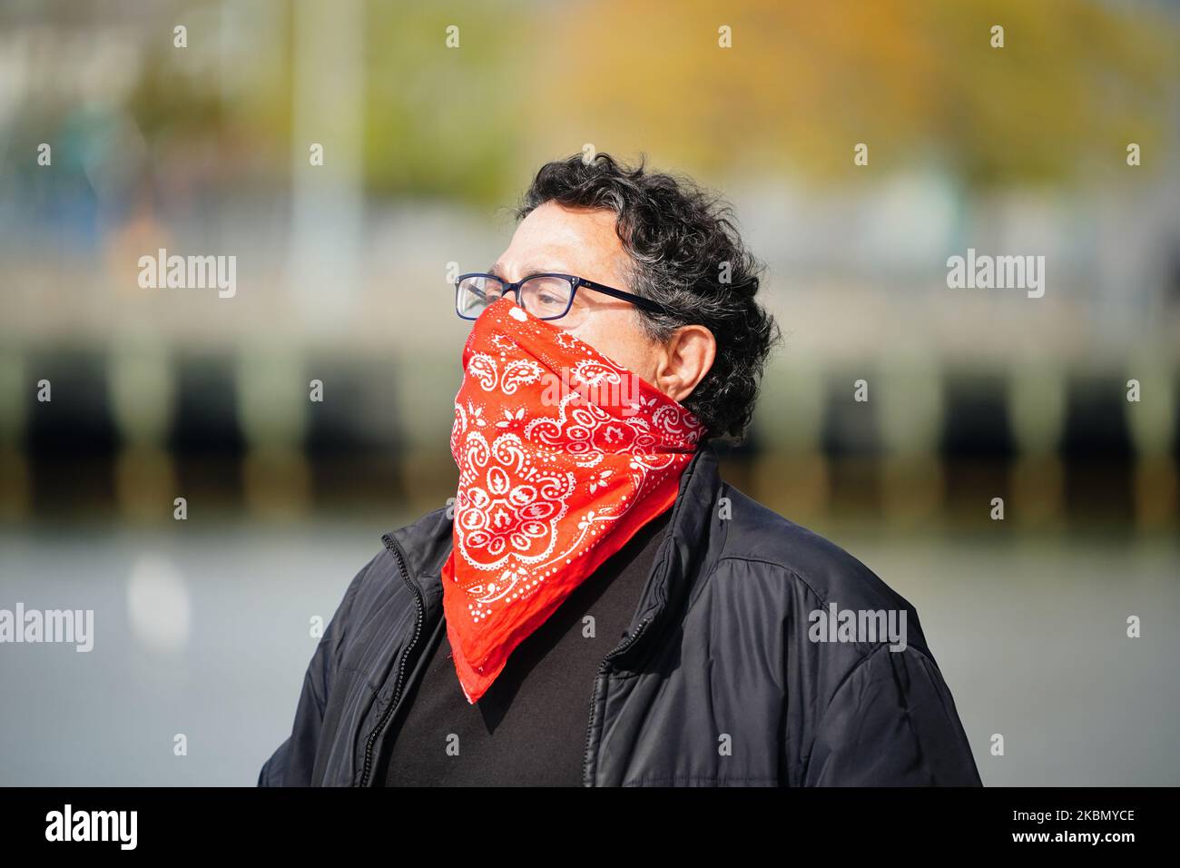 A view of a person wearing a mask in New York City USA during ...