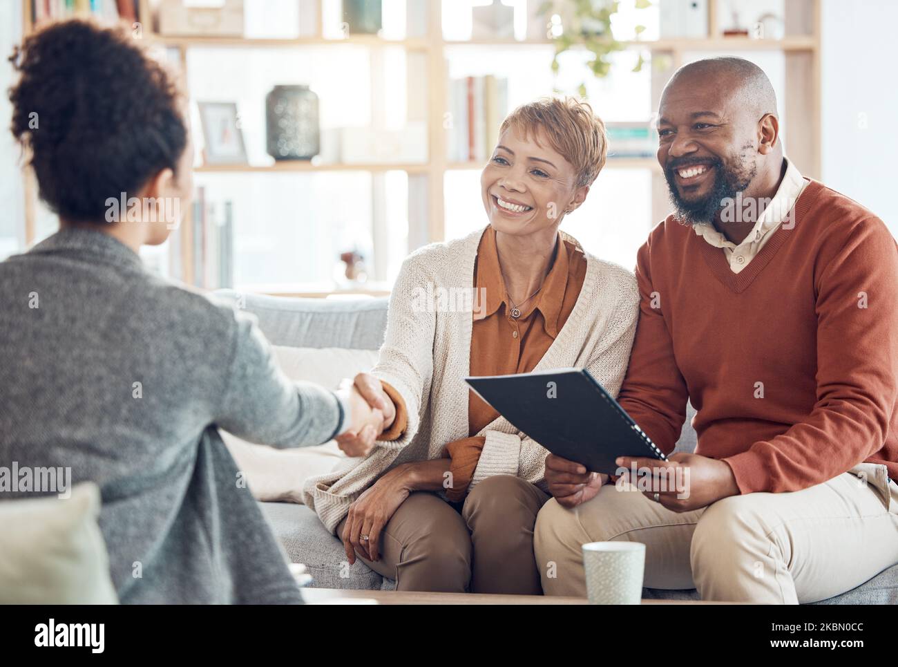 Business meeting, welcome handshake and couple meet with lawyer or ...