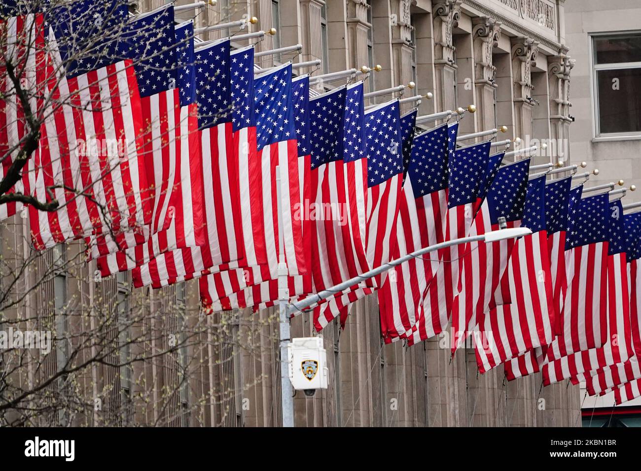 A view of American flags along fifth Avenue in New York City USA during ...