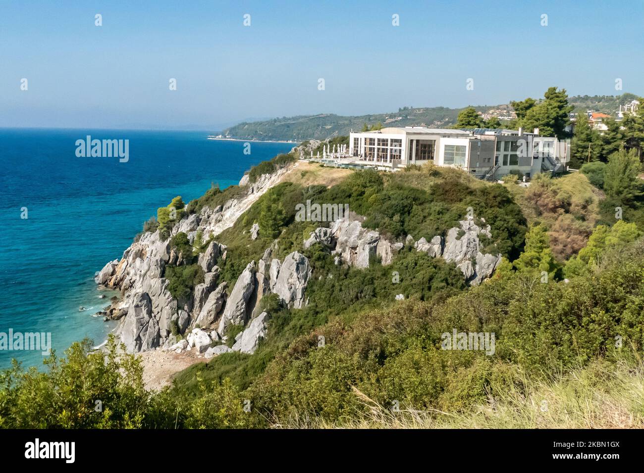 Loutra, Greece, October 23, 2022. Thermal Spa Agia Paraskevi on a cliff ...