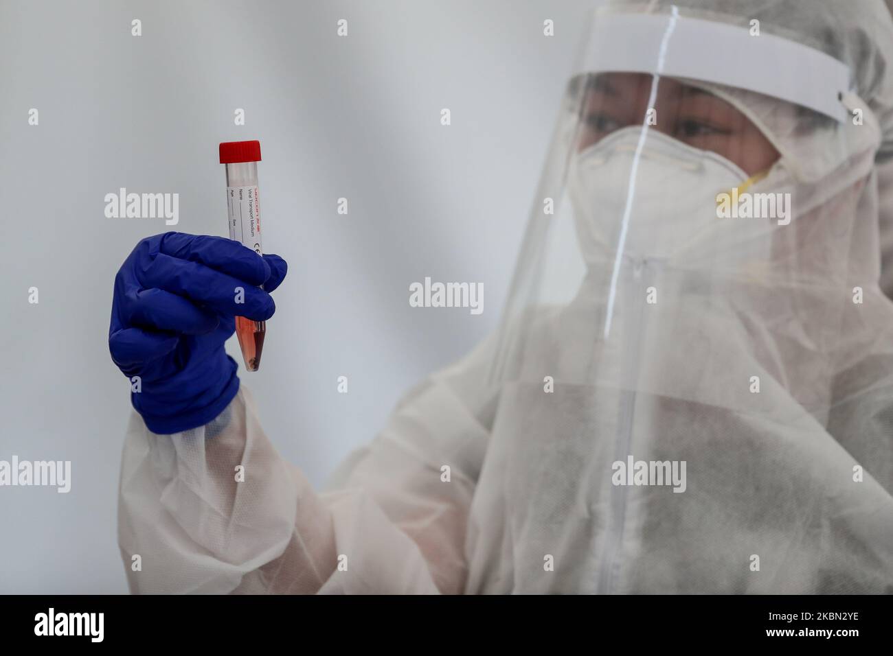 A healthworker holds the universal transport media (UTM) which contains ...