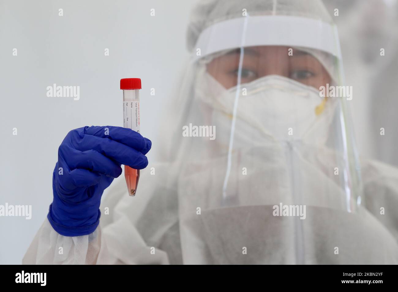 A healthworker holds the universal transport media (UTM) which contains ...