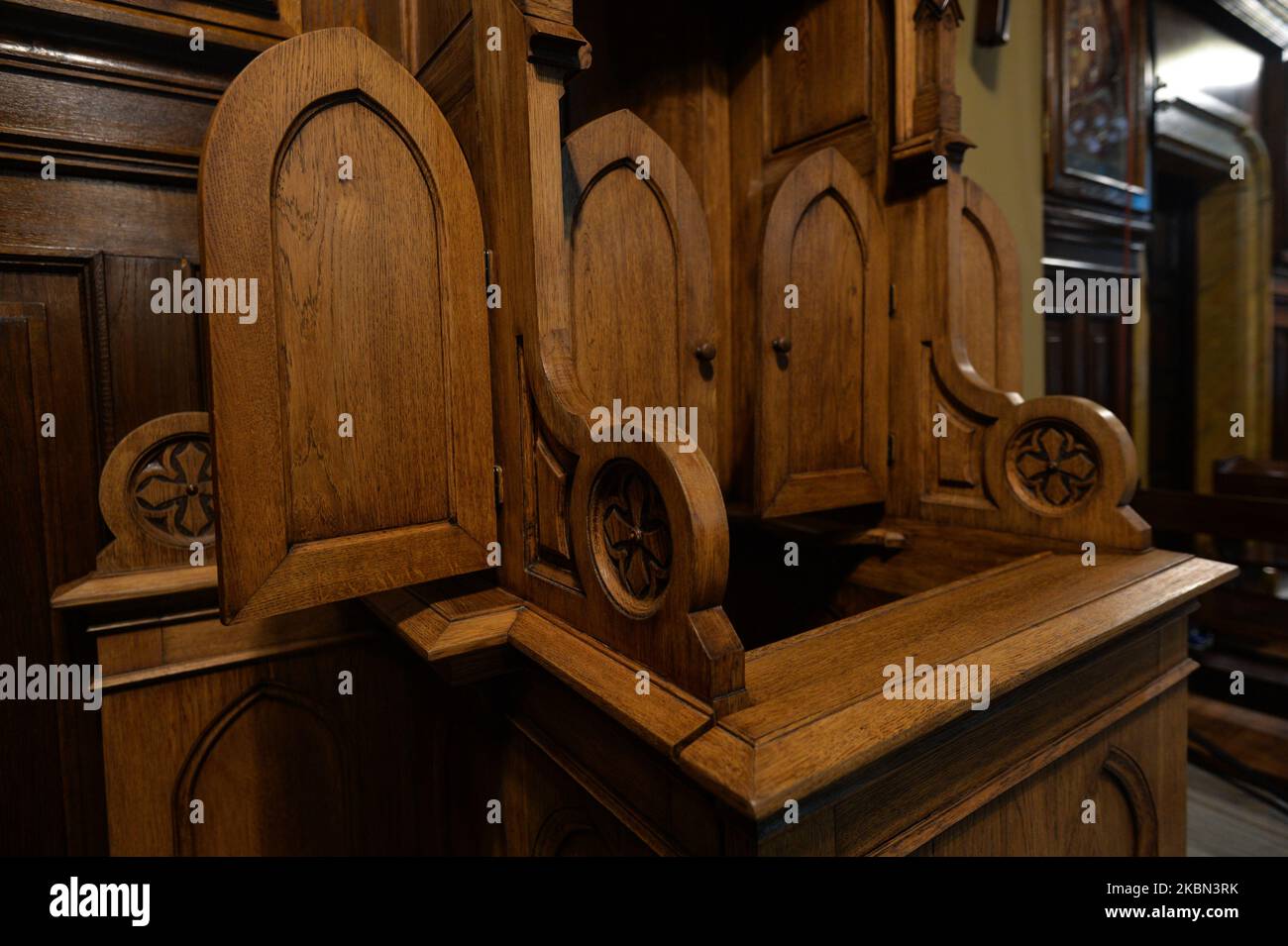 A view of a restored confessional in which Sister Faustina confessed for several years, seen ...