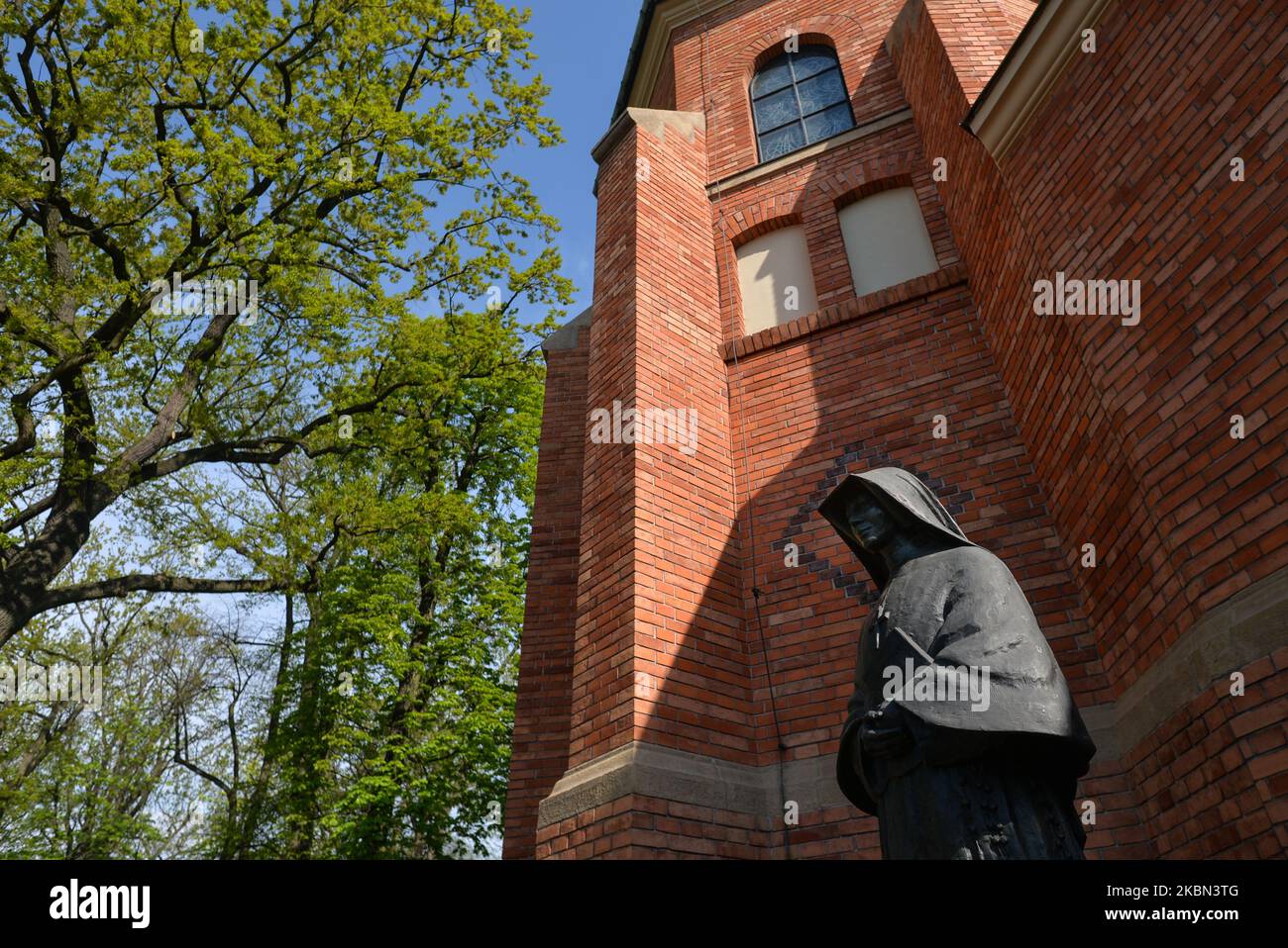 A statue of Sister Faustina seen outside the monastery complex of the Sisters of Our Lady of ...