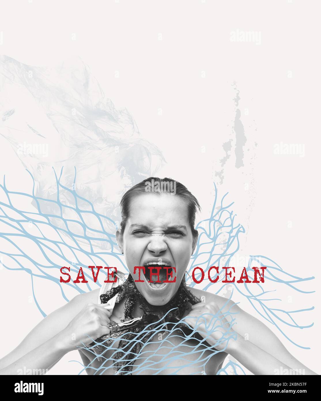 Scream. Shouting young woman tearing suffocating plastic trash on her ...