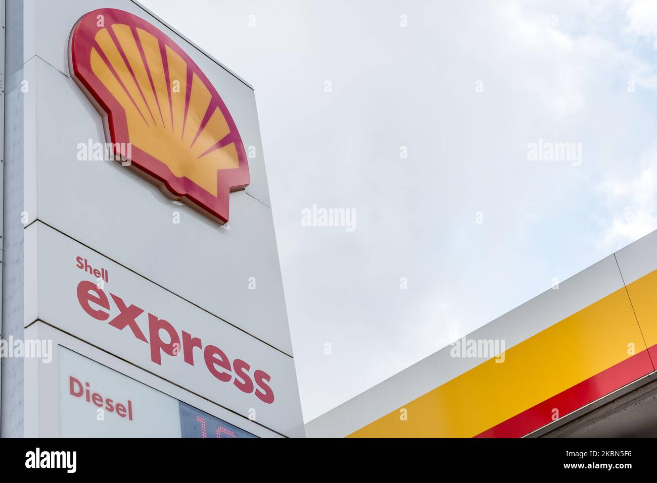 General view of fuel pump stands at the Royal Dutch Shell gas station ...