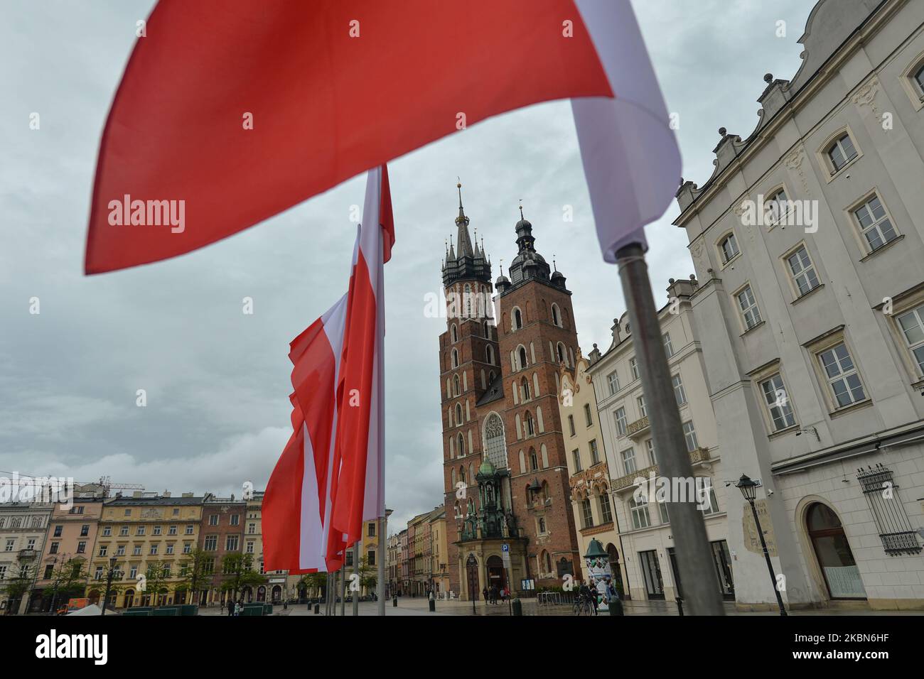 Krakow's Main Market Square, decorated with Polish national flags on ...