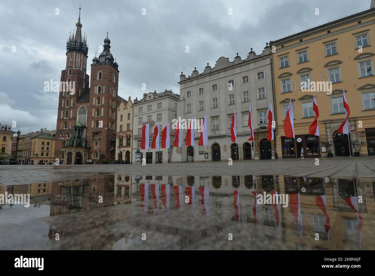 Rynek, Krakow's Main Market Square, decorated with Polish national ...