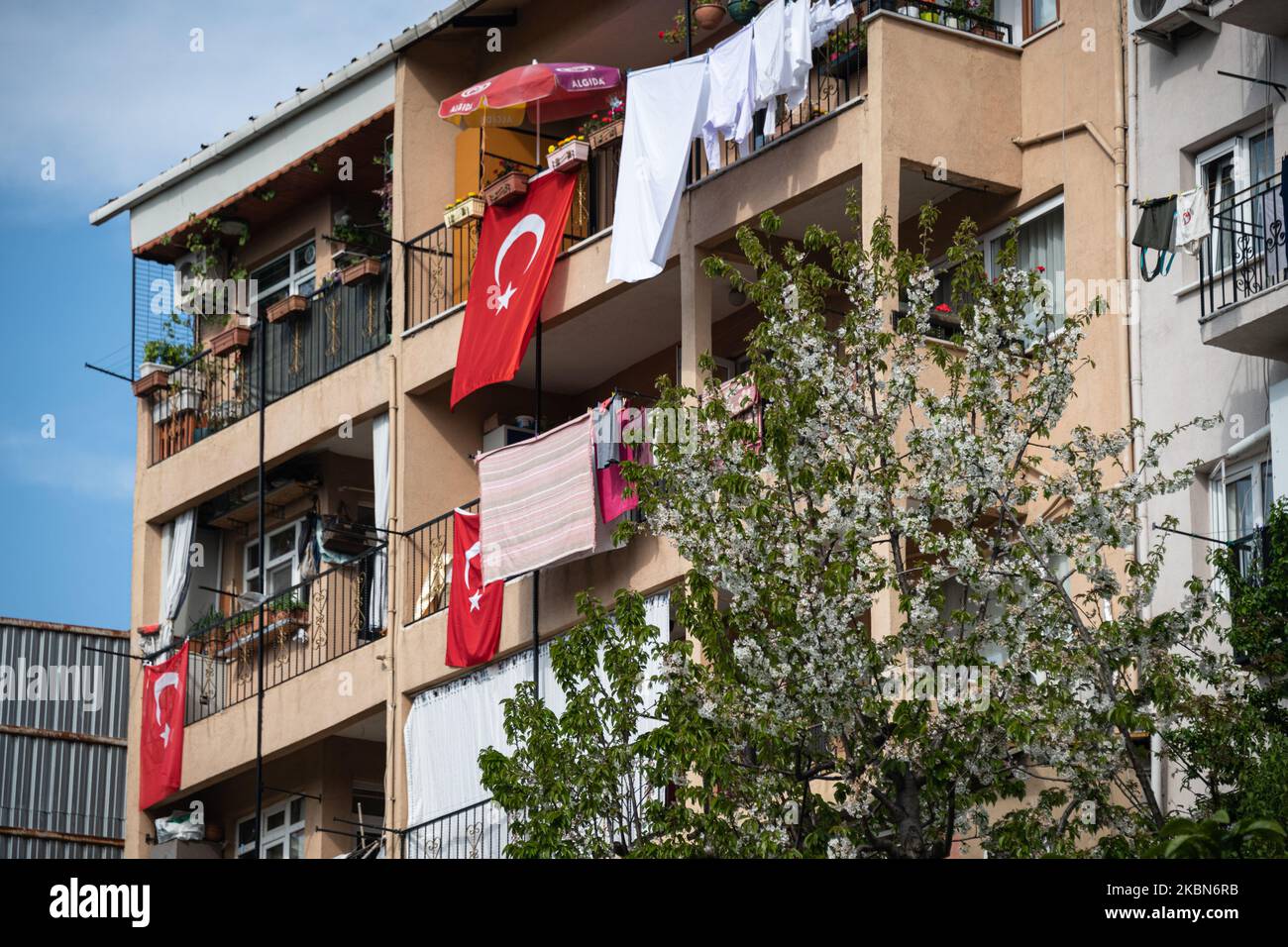 On 29 April, 2020, Turkish flags hang from apartment buildings in the ...