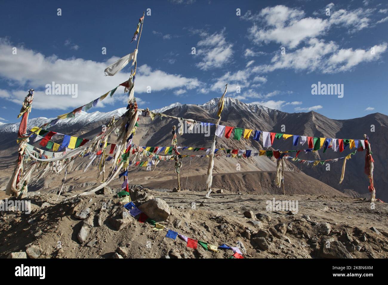 Buddhist prayer flags flutter high in the Himalayas in Durbuk, Ladakh ...