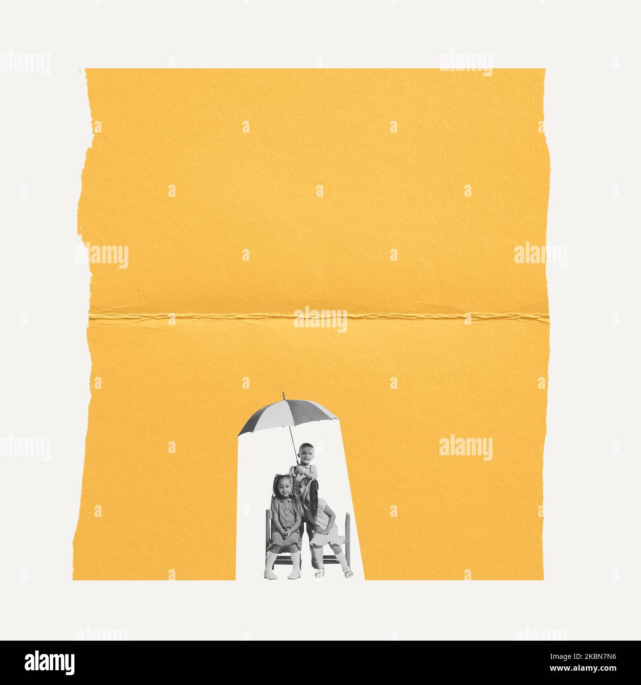 Happy mood. Art collage with cute school age kids under drawn rain ...