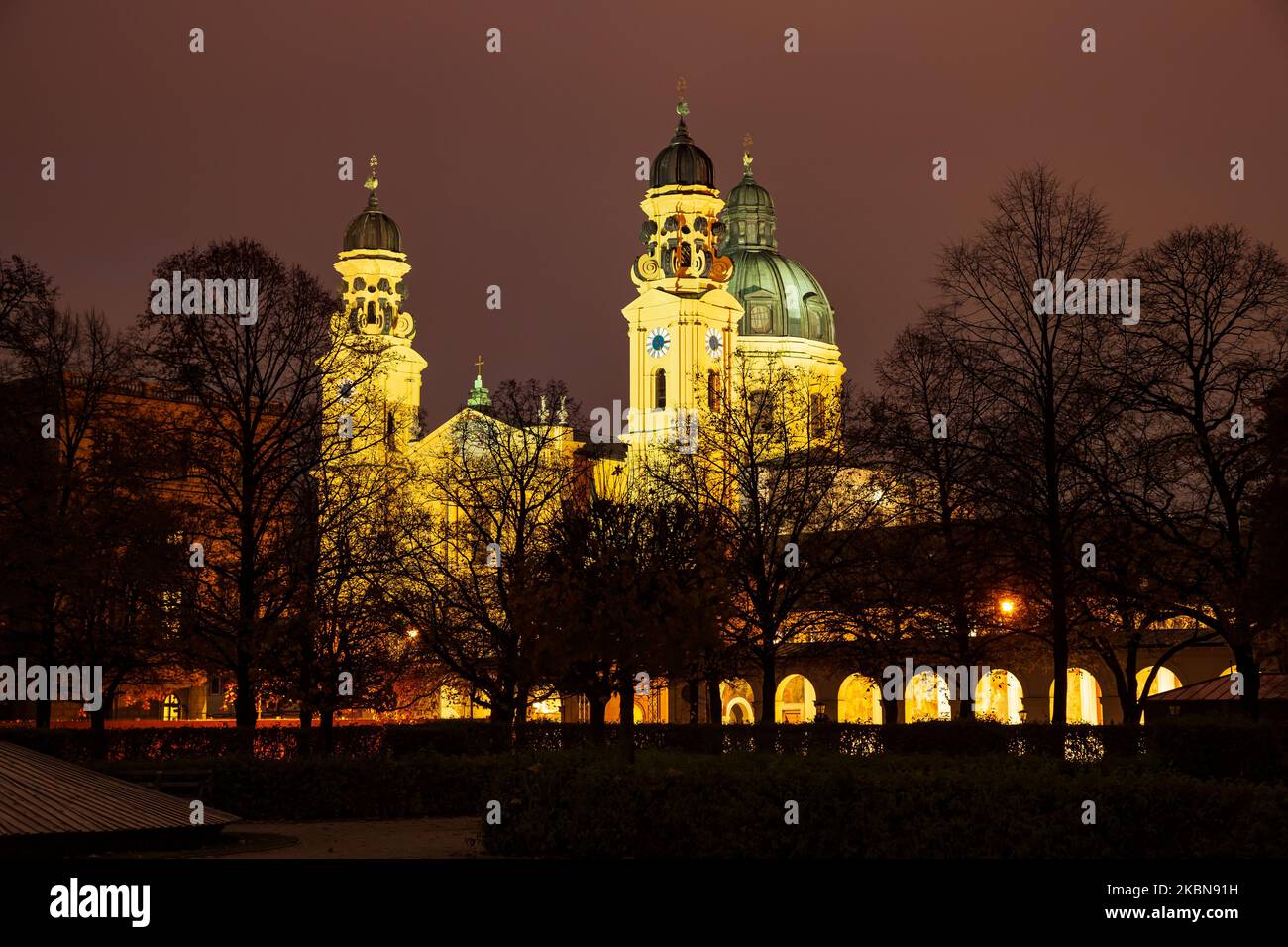 Illuminated Theatinerkirche or Theatine church at night, Munich ...