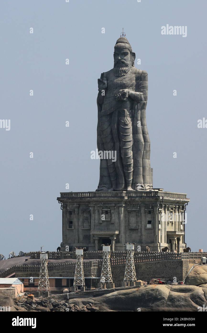 Statue of the ancient Tamil poet Thiruvalluvar seen on a small island ...