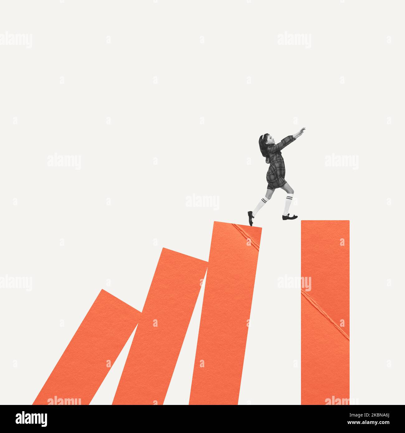 Contemporary art collage. Little retro girl jumping, playing, having ...