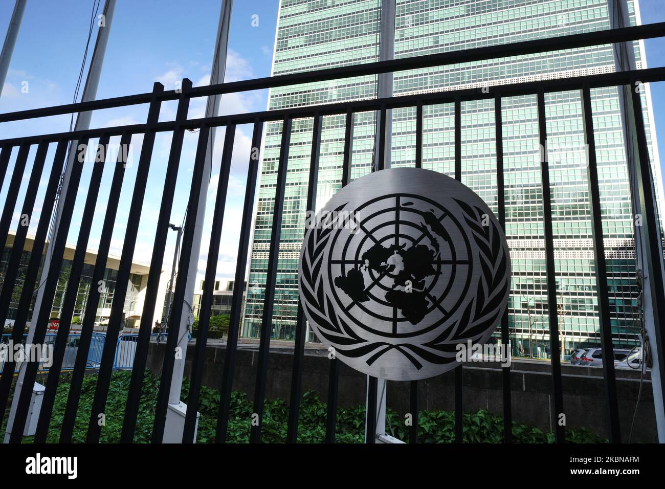 A view of the logo of United Nations in front of United Nations ...