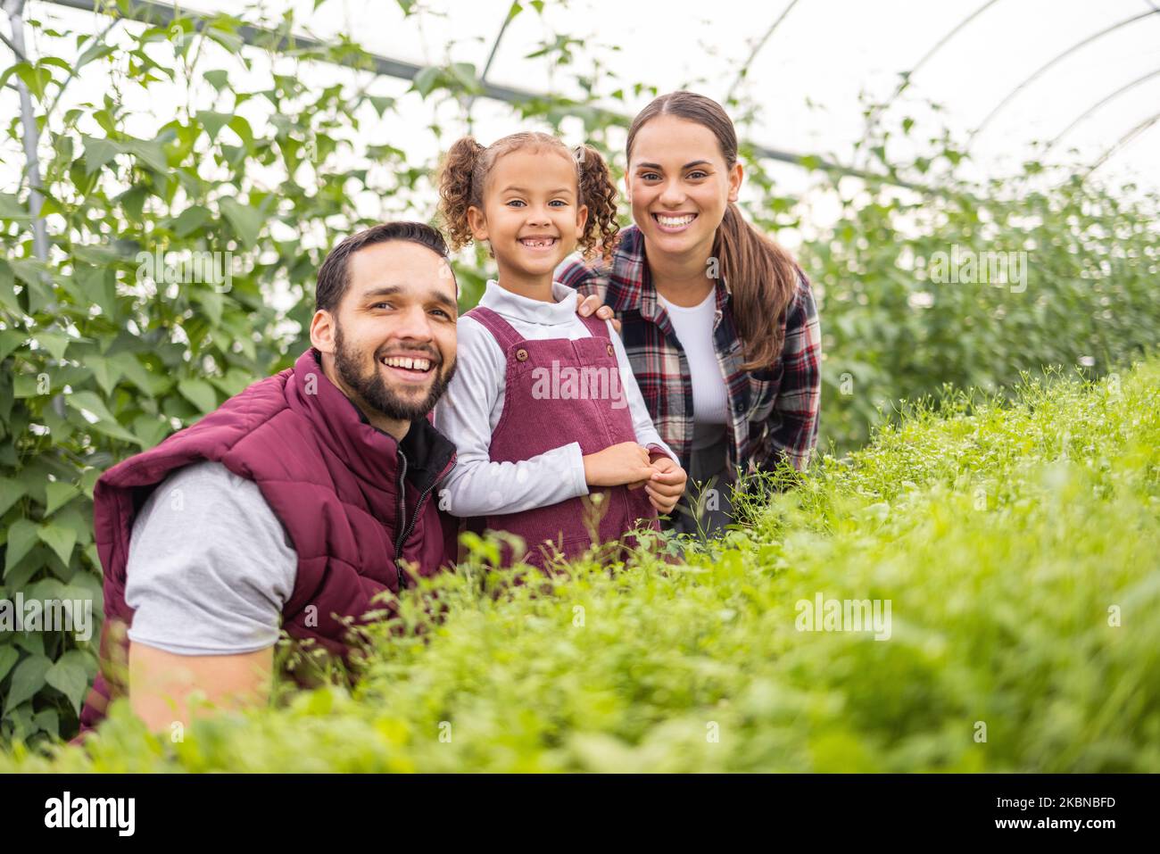 Family, farm and children with a mother, father and daughter working ...