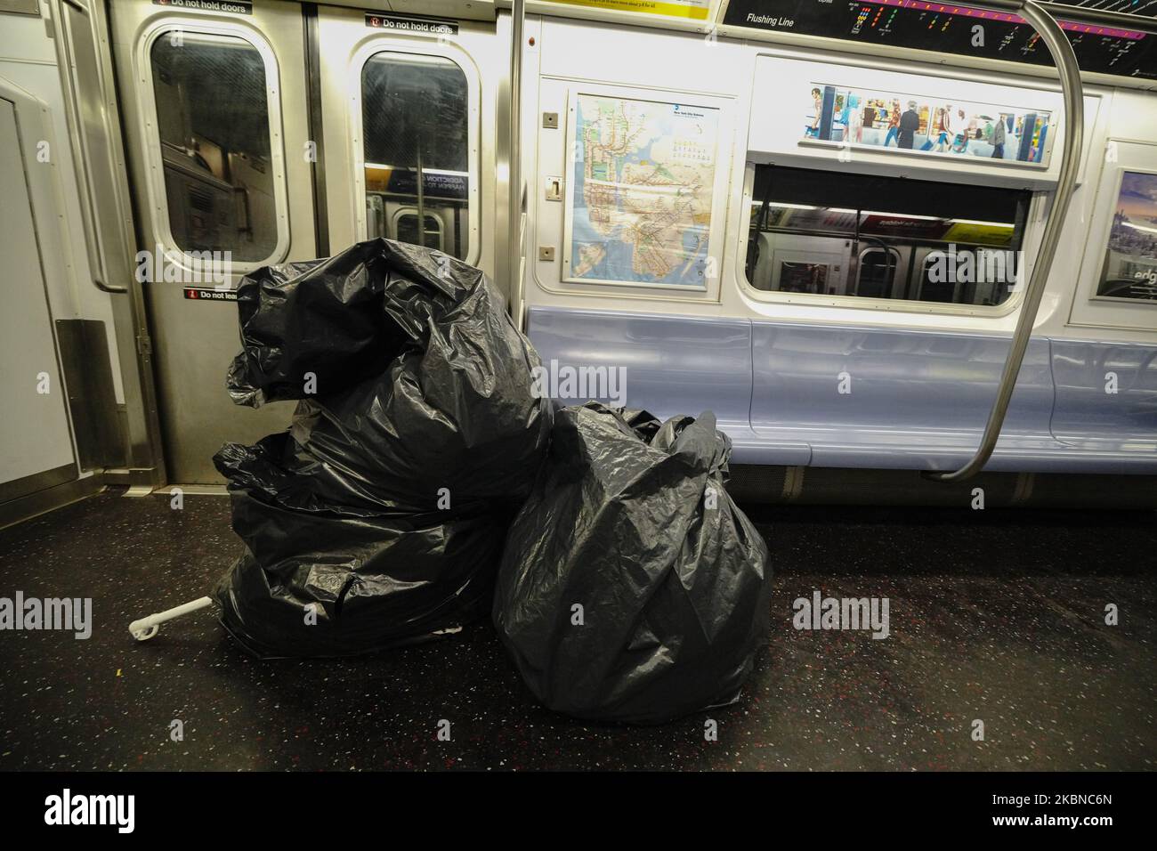 A view of a homeless person’s property on a subway train in Main Street ...