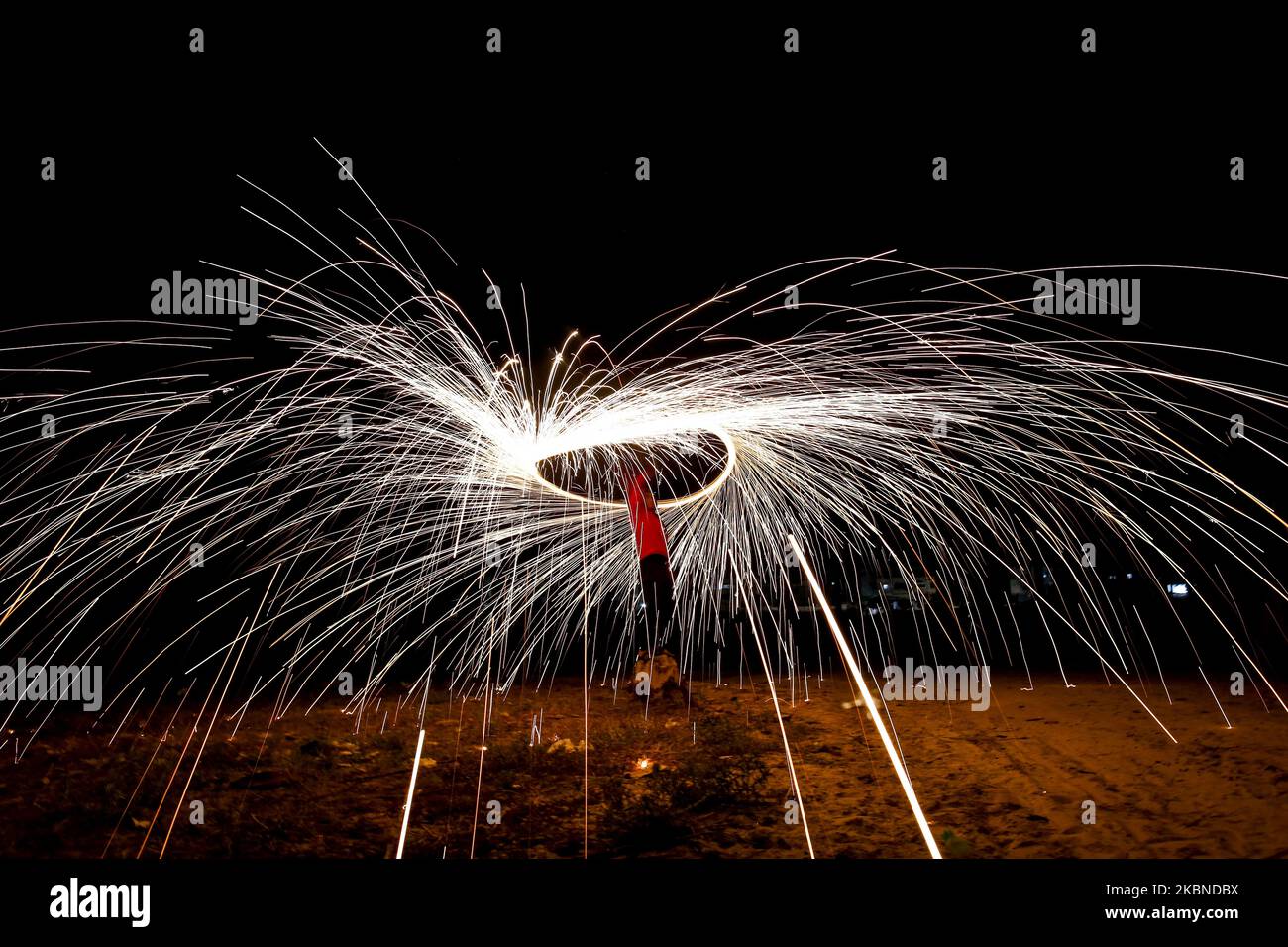 A Palestinian youth plays with fireworks during the Muslim holy month ...