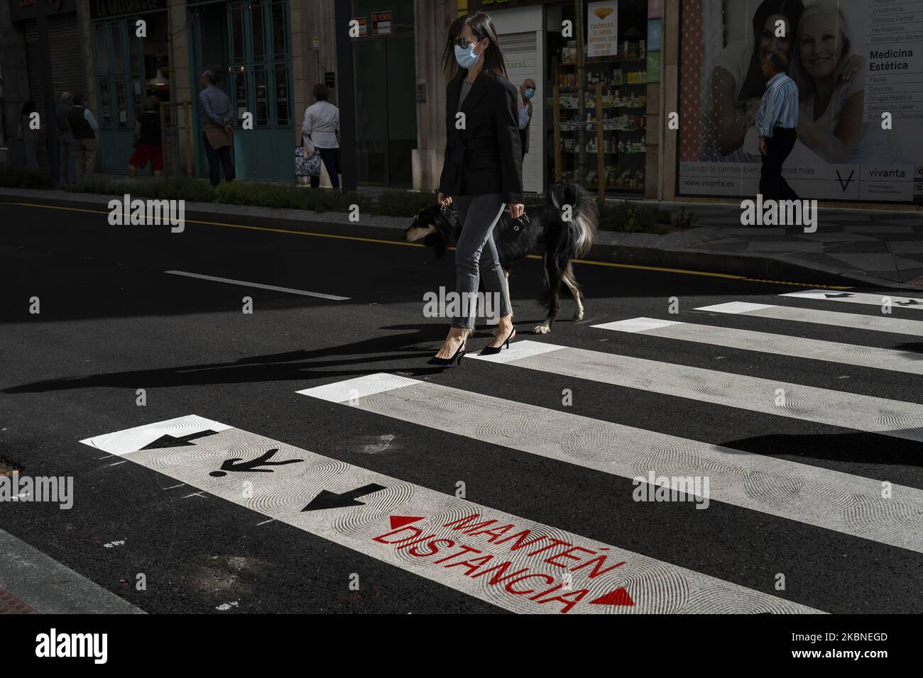 A woman and her dog cross a city zebra crossing with the slogan "Keep ...