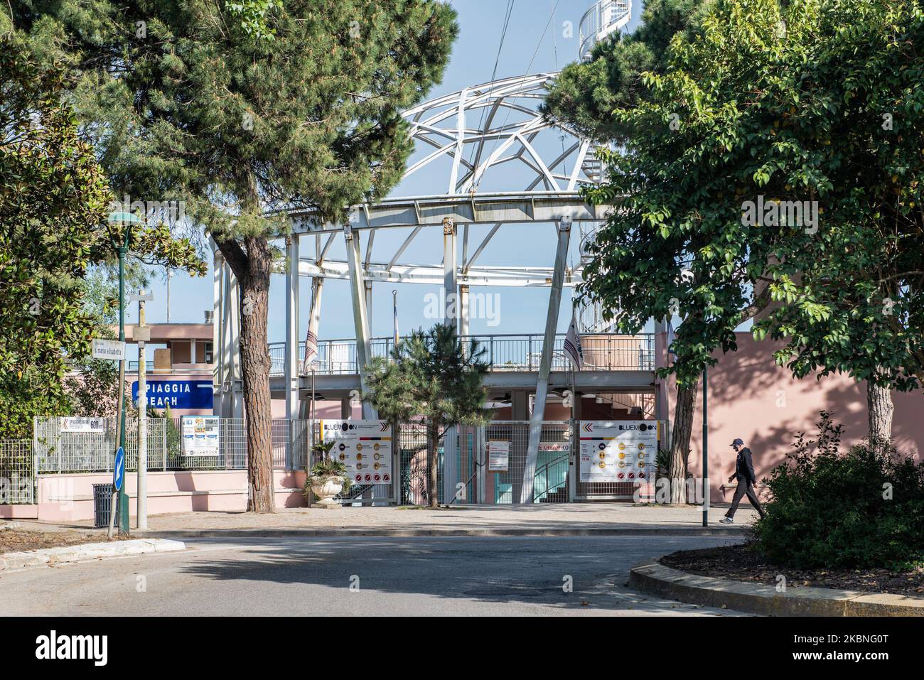 The closed entrance of Blue Moon Beach in Lido di Venezia. Public beach ...