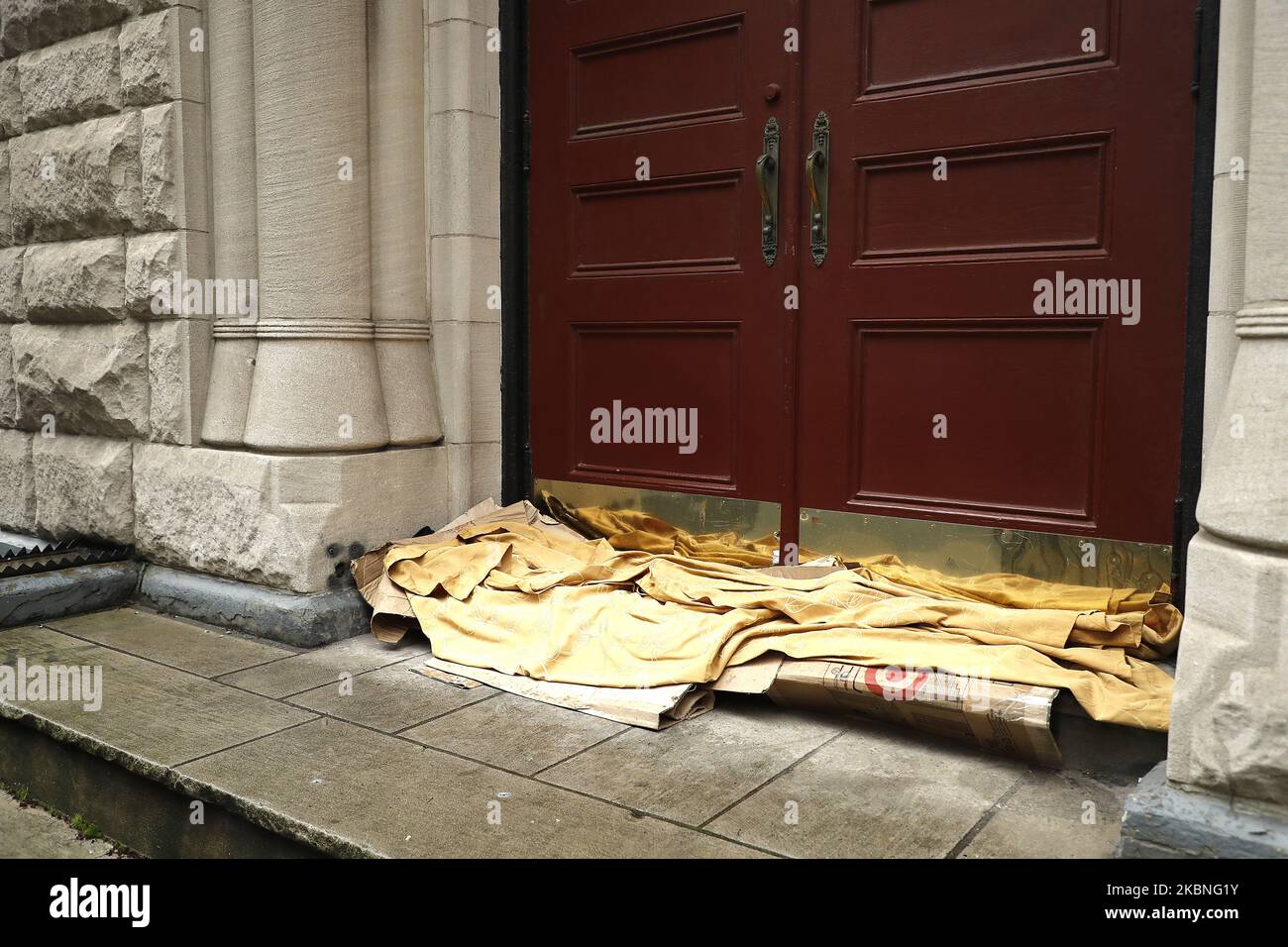 A bed made by a homeless person in New York, United States, on May 8 ...