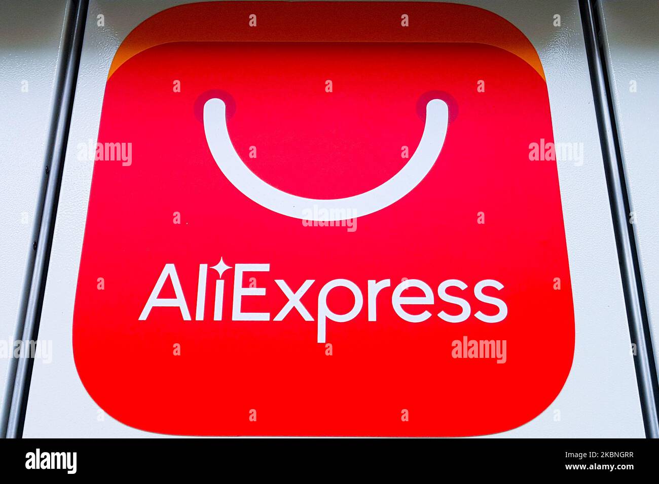 AliExpress logo is put on a parcel locker in Krakow, Poland on 5th May ...