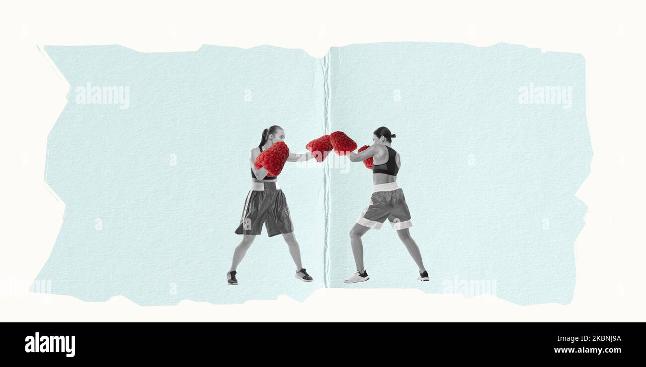 Creative artwork in retro style. Punch. Dynamic portrait of two female ...