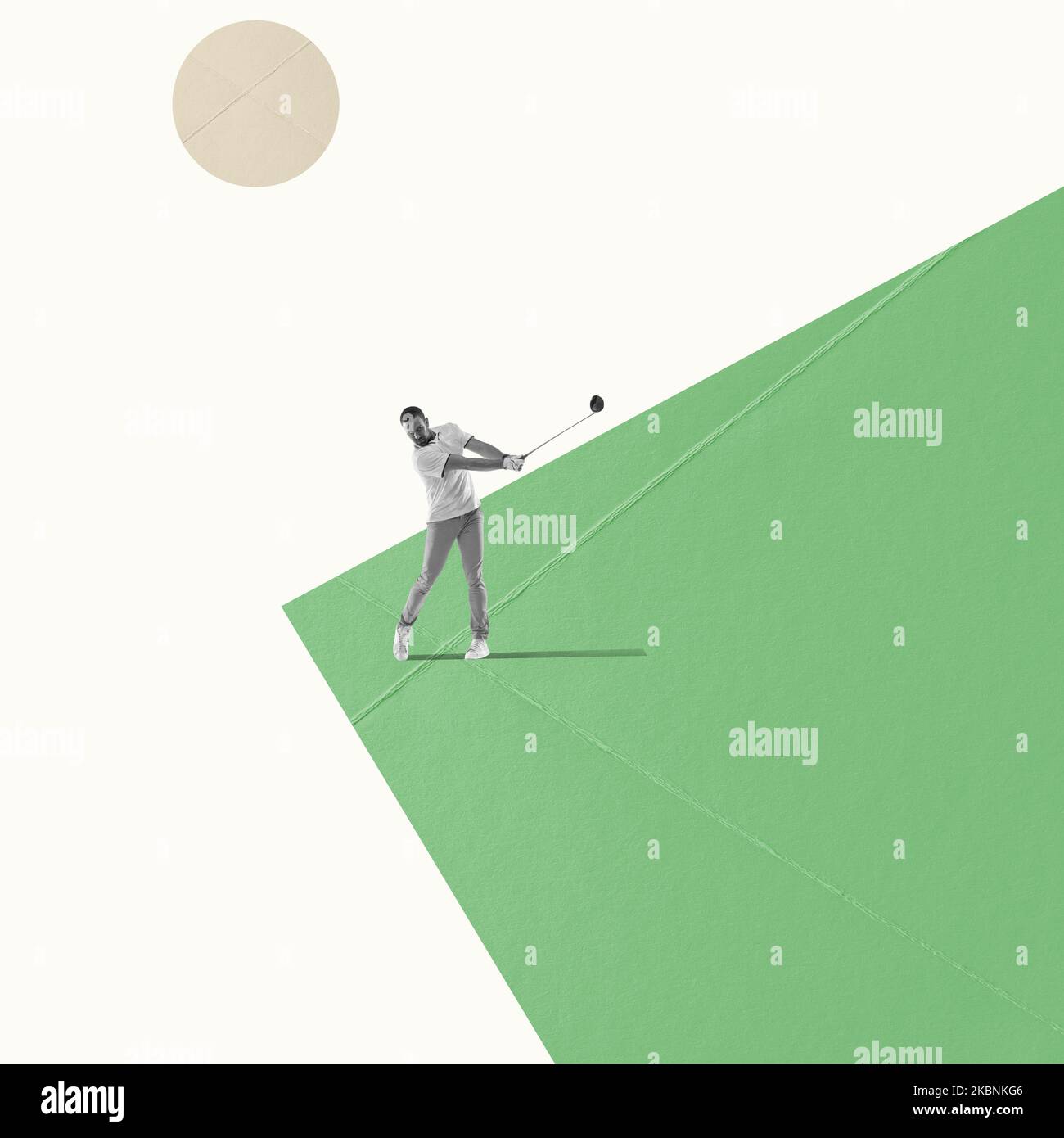 Creative artwork in retro style. Impressed. Golf player in a white ...