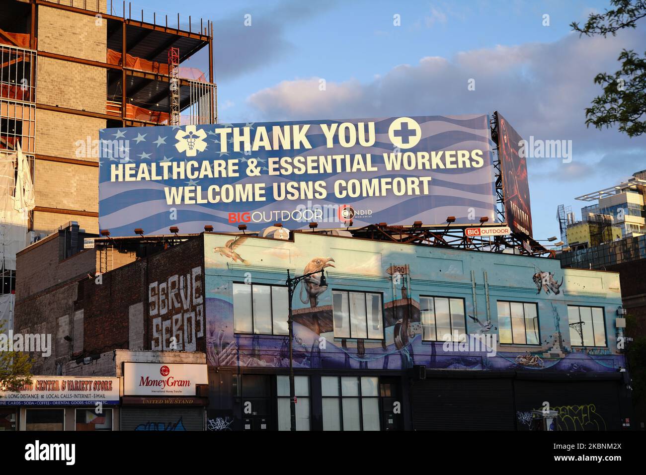 A view of message of gratitude for essentials workers and the USNS ...