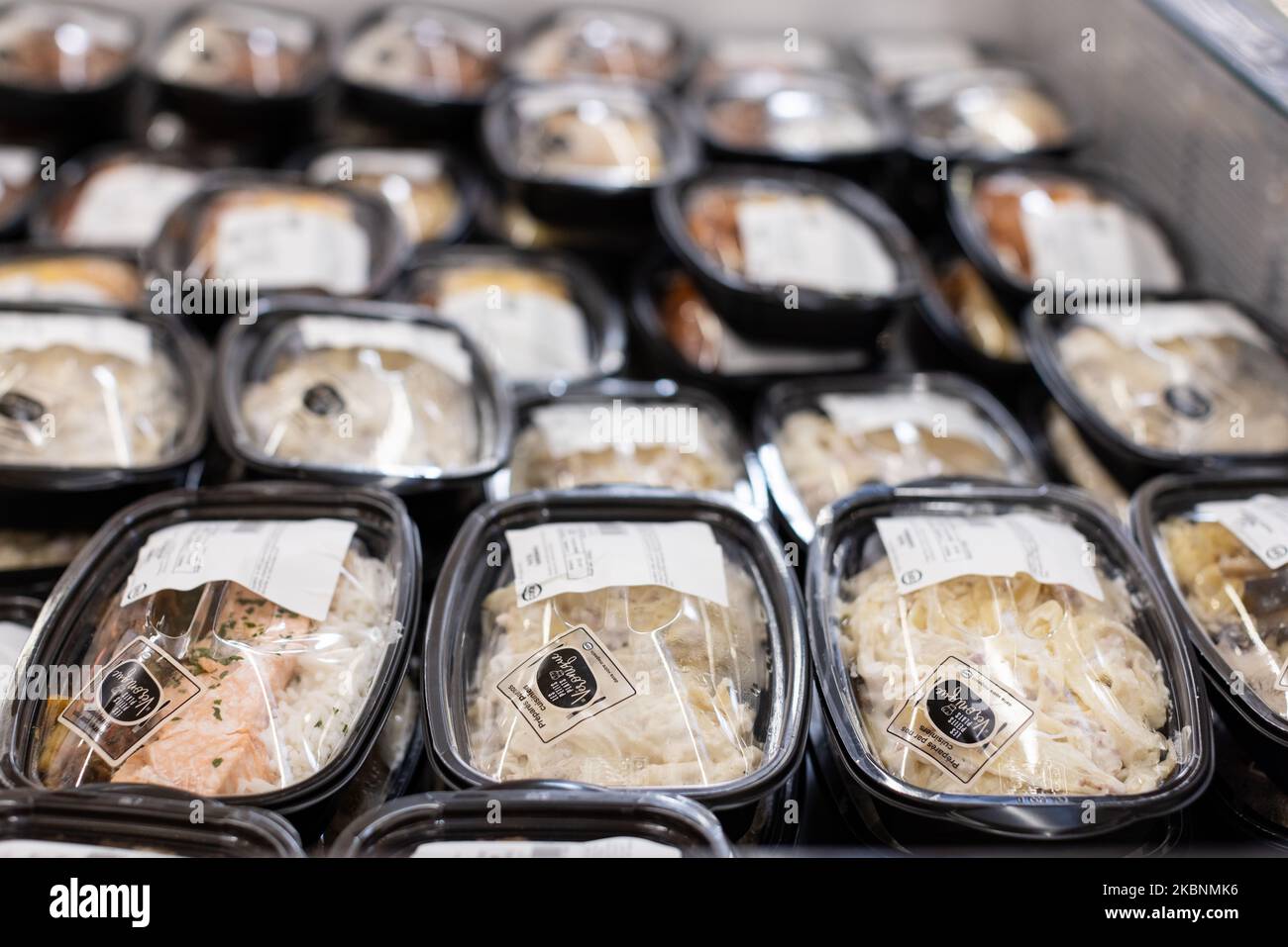 Fresh deli counter in a Cora hypermarket. Close up shot of fresh deli ...