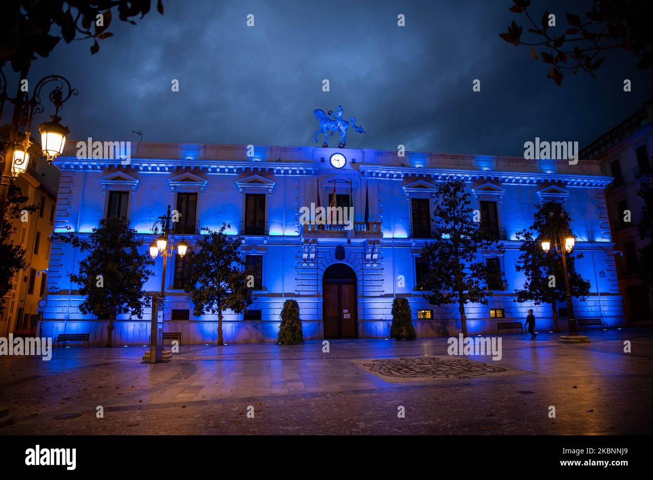Granada Town Hall is illuminated with blue lights on May 12, 2020 in ...