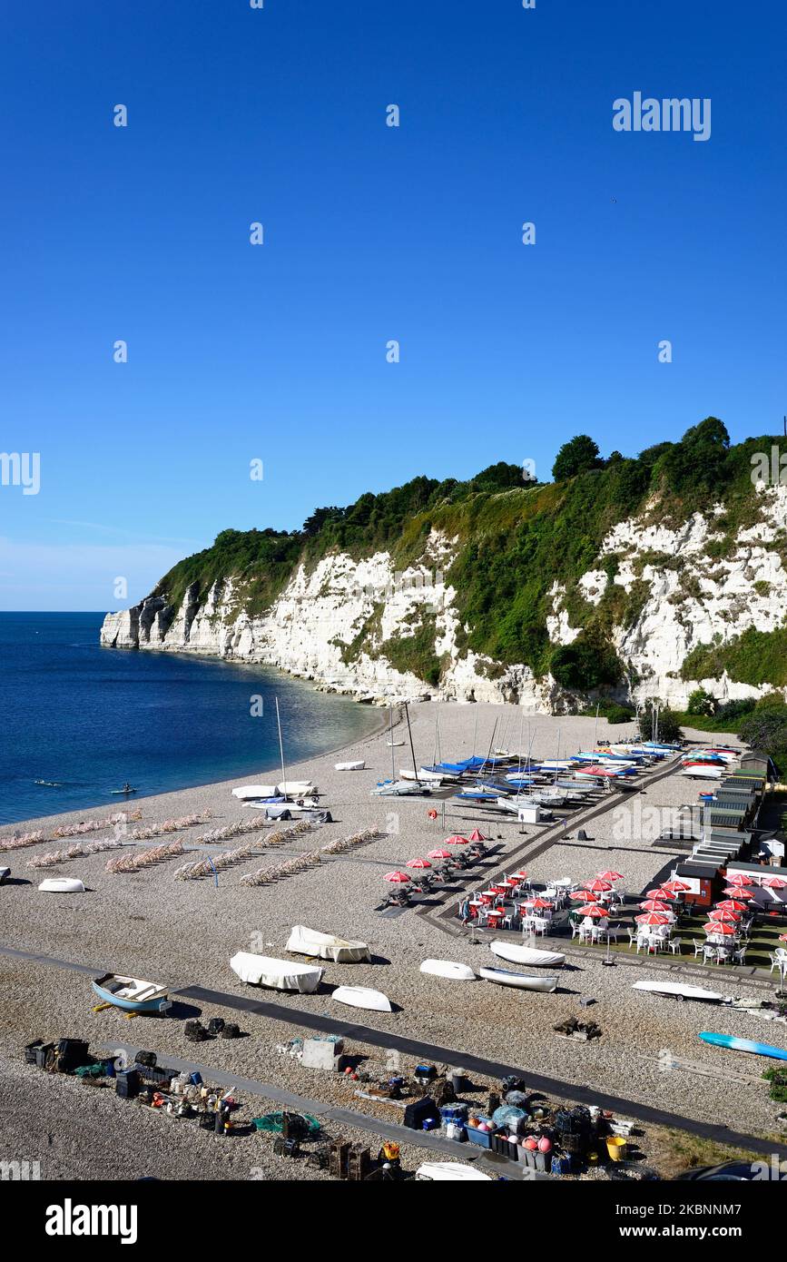 Elevated view of the Beach and Lyme Bay, Beer, Devon, UK, Europe Stock ...
