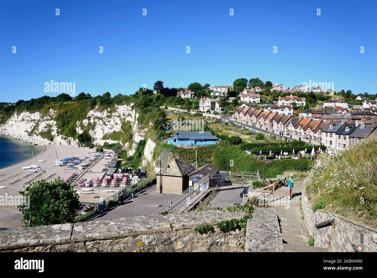 Elevated view of the Beach and town buildings, Beer, Devon, UK, Europe ...