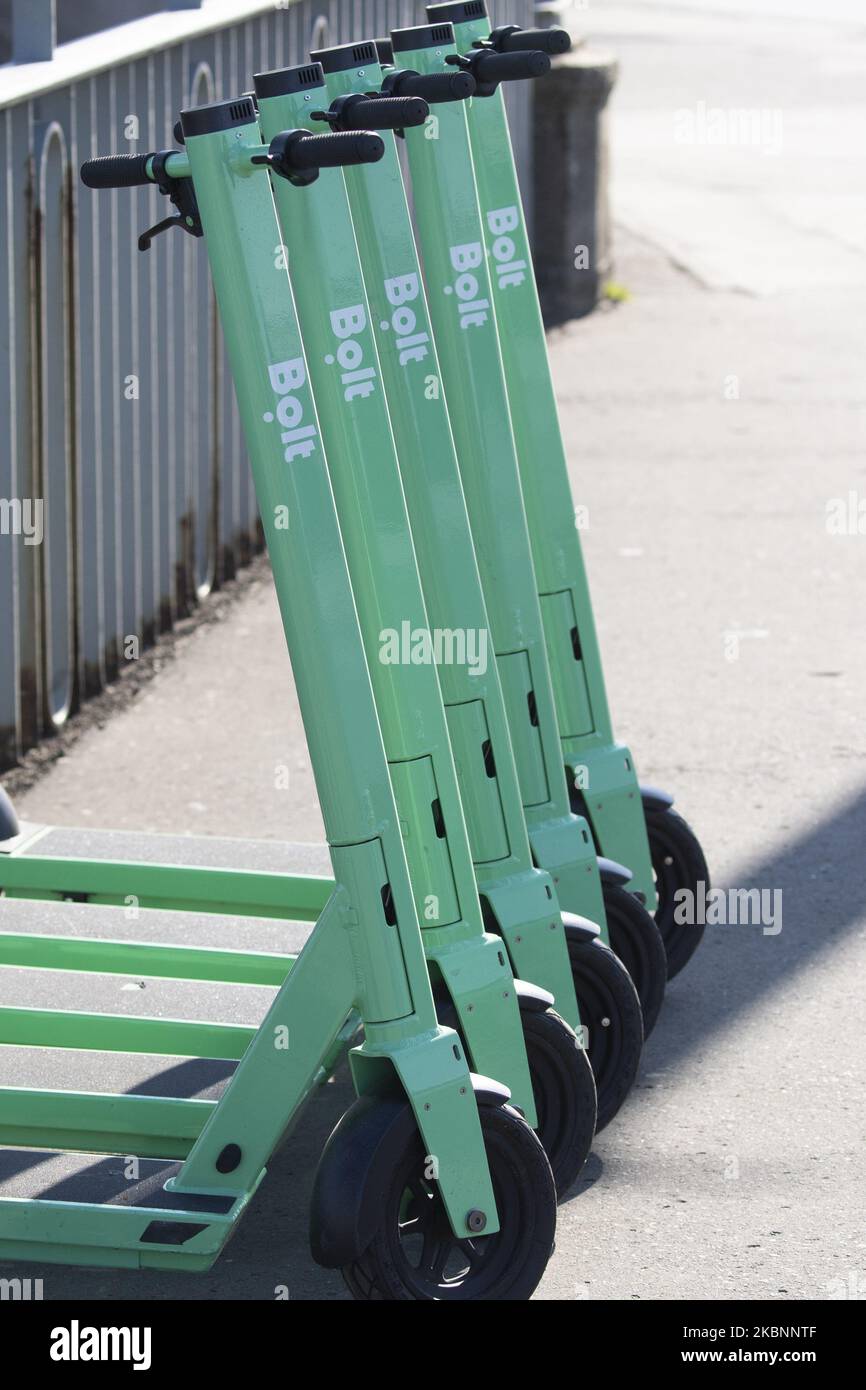 Bolt electric ride sharing scooters are seen in Warsaw, Poland on April ...