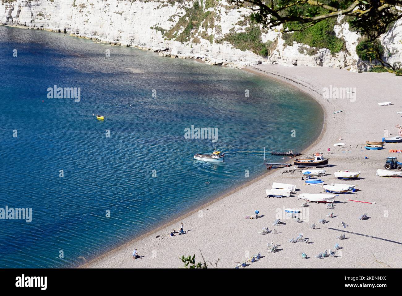 Elevated view of the Beach and Lyme Bay, Beer, Devon, UK, Europe Stock ...