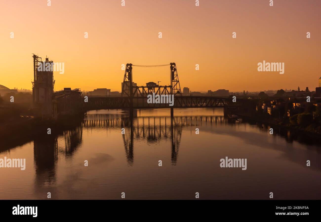 Portland, Oregon downtown. A morning view of a Steel Bridge in Portland ...