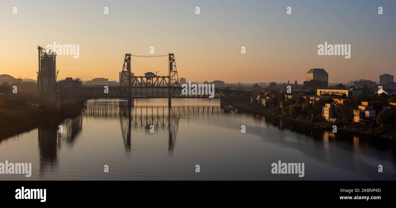 Portland, Oregon downtown. A morning view of a Steel Bridge in Portland ...