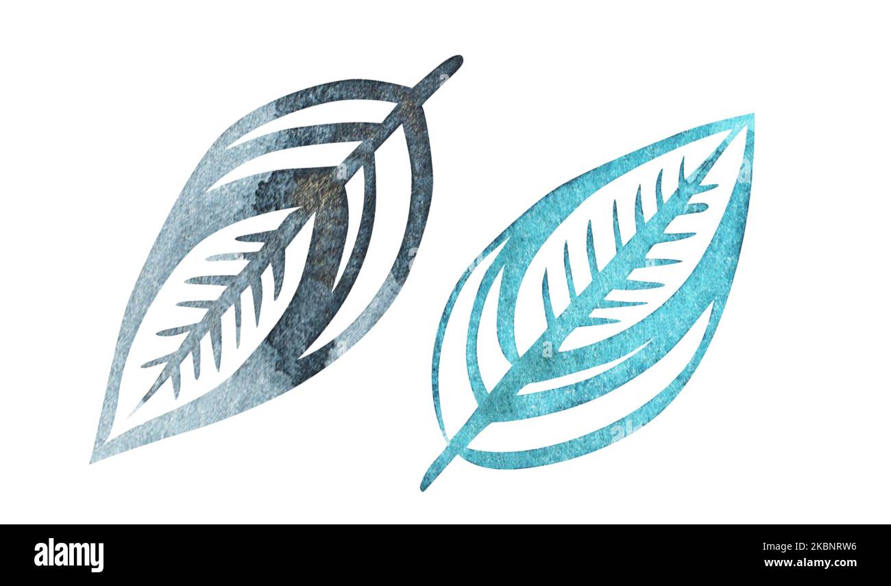 A set of watercolor turquoise leaves. Watercolor illustration for ...