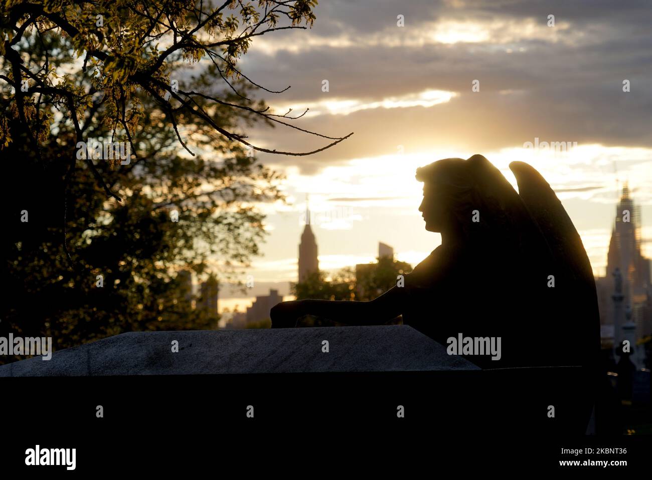 Tombstones are seen in a New York City cemetery against the background ...