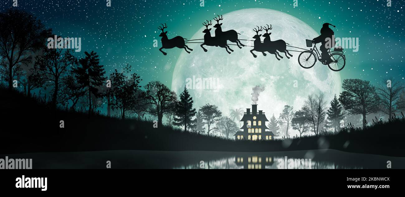 Silhouette of Santa Claus riding on his bicycle to carry a gift with ...