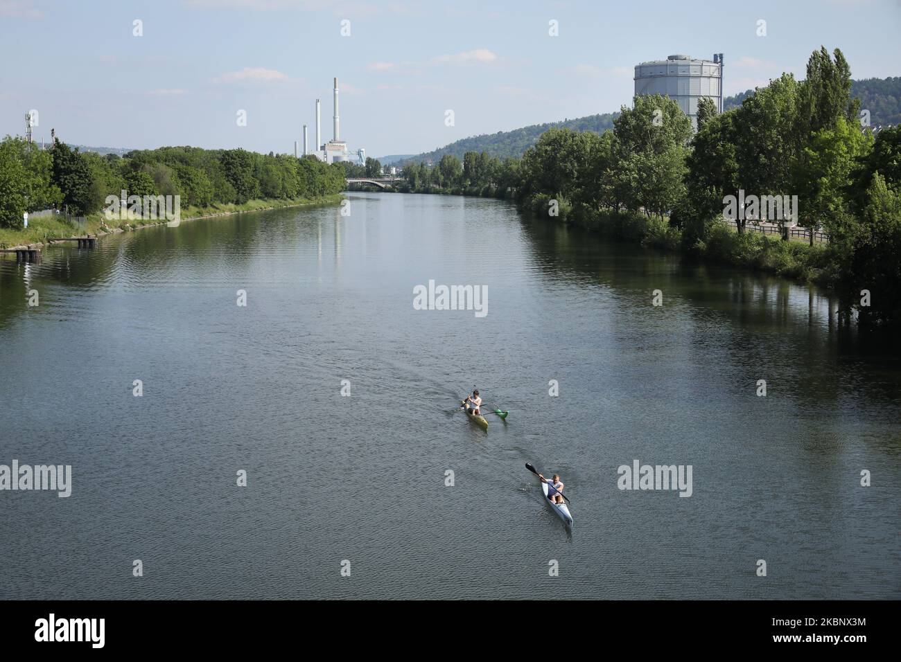 Athletes perform kayaking on the Neckar River in Stuttgart, Germany on ...