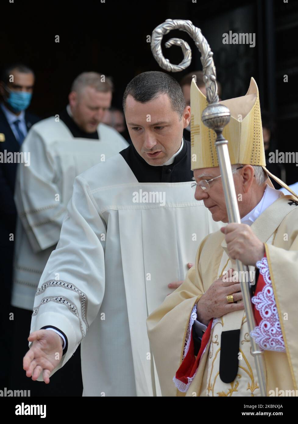 Archbishop of Krakow, Marek Jedraszewski (C), seen outside the Basilica ...