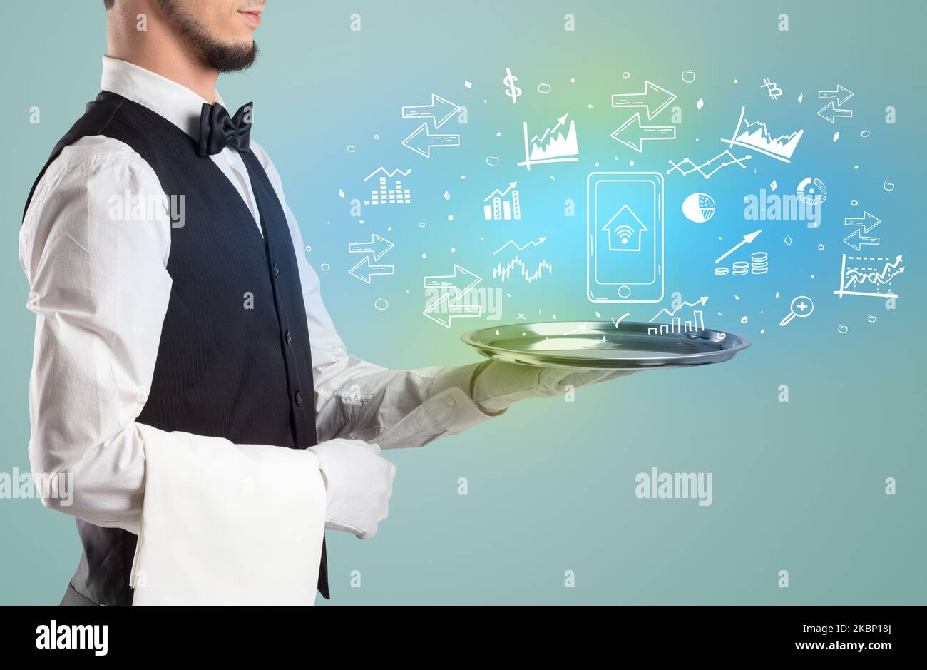 Handsome young waiter in tuxedo holding money icons on tray Stock Photo ...