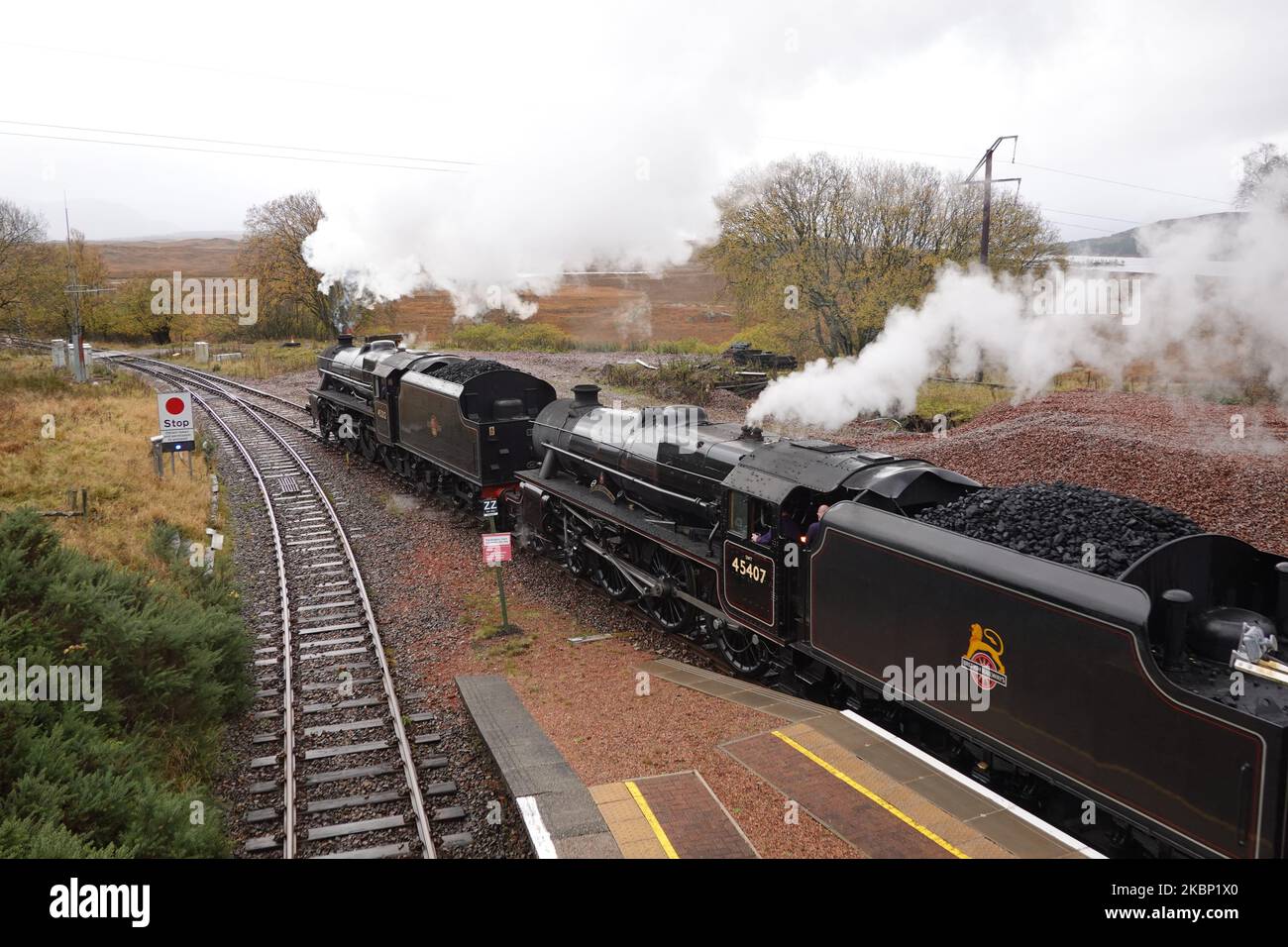 Steam Locomotive 45212 and 45407 Lancashire Fusilier at Rannoch Station ...