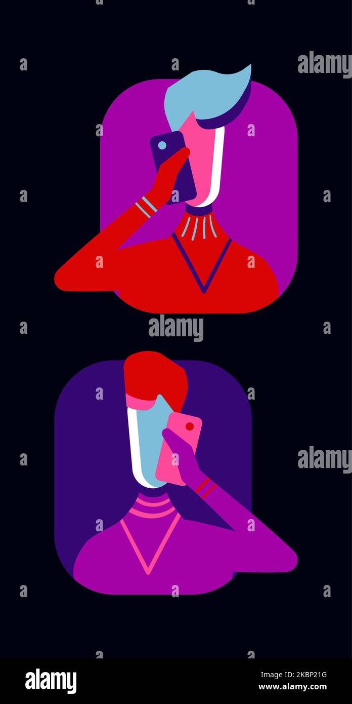 Male and female communicating with smartphones avatars for UI - UX ...