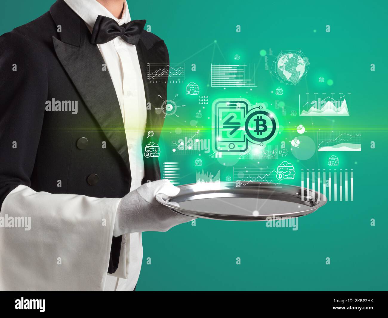 Handsome young waiter in tuxedo holding currency icons on tray Stock ...