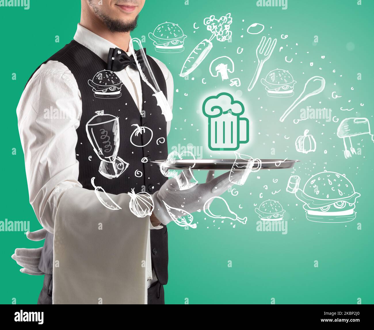 Waiter holding silver tray with food icons above Stock Photo - Alamy