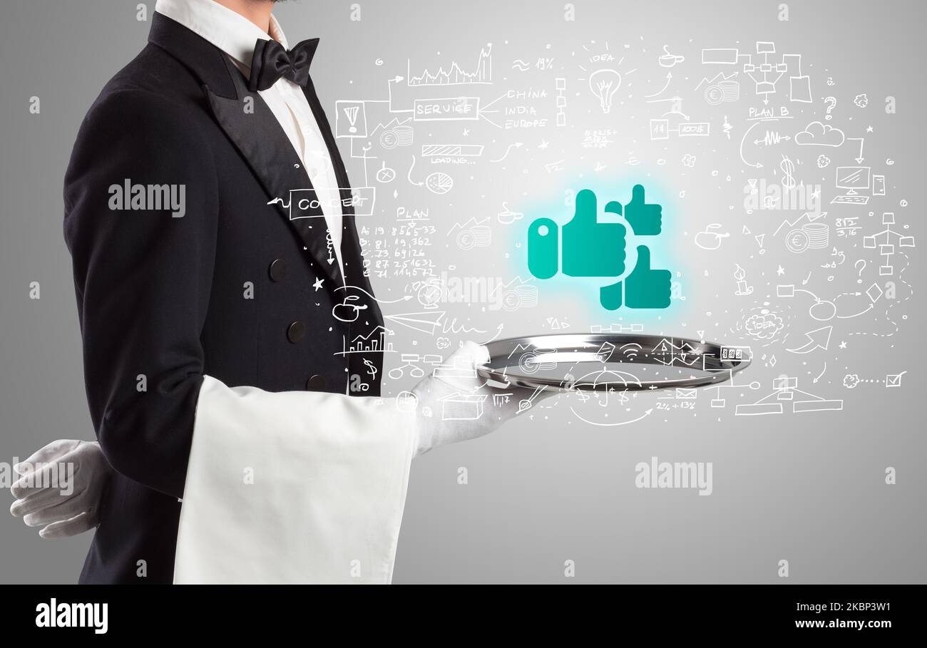 Close-up of waiter serving social media icons Stock Photo - Alamy