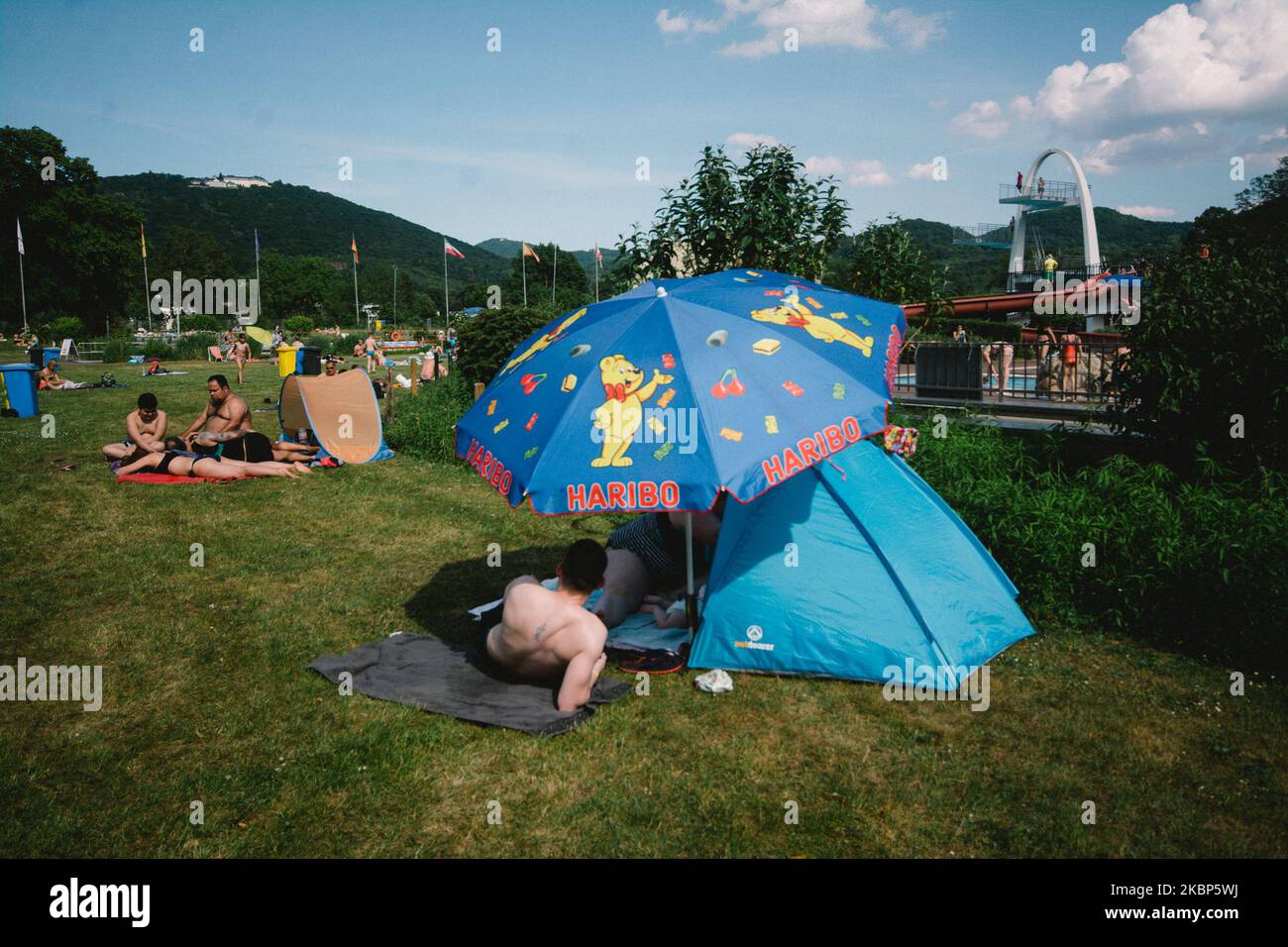 A haribo parasols is seen at the reopening day of Panoramabad swimming ...